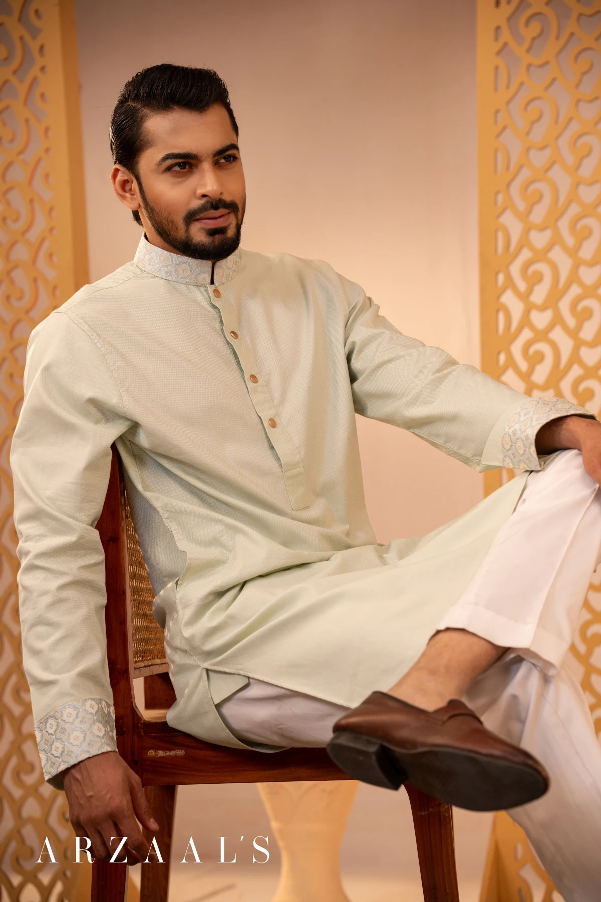 ARZAALS LIGHT LEMON GOLD CONTRUST PANJABI || Arzaals